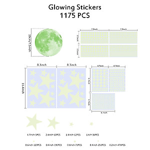 1049 Pieces Luminous Sticker Wall Decal Luminous Stars self-Adhesive Children's Room Wall Stickers Moon and Stars Fluorescent Wall Stickers, Stickers for Children's Rooms Girls Decorative