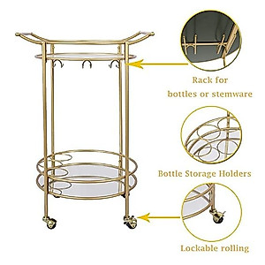 Round Gold Rolling Bar Cart with 2 Mirror Shelves, Wine Rack and Lockable Casters, Suitable for Home Kitchen, Club, Living Room, Thanksgiving, Christmas, New Year, 22"X18"X33"