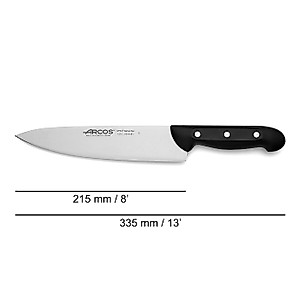 ARCOS Chef Knife 8 Inch Stainless Steel. Multi-use Professional Cooking Knife for Cutting Meat and Vegetables. Ergonomic Polyoxymethylene Handle and 215mm Blade. Series Maitre. Color Black