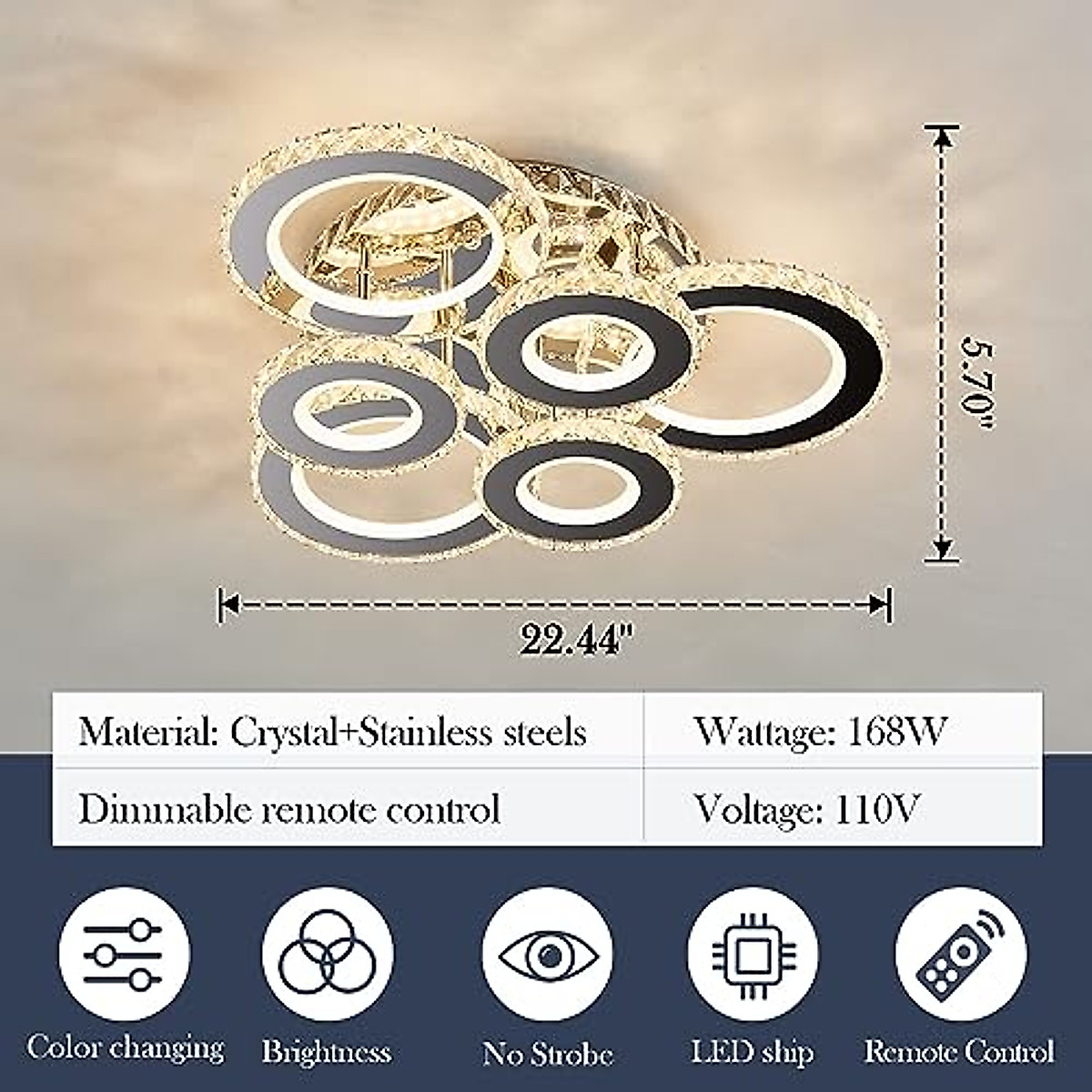 YYJLX Led Ceiling Light with Remote Control Modern 7 Rings Crystal Flush Mount Ceiling Light Fixtures 23inch 3 Color Dimmable and RGB Ceiling Lamp for Living Room Kitchen Dining Room Bedroom.