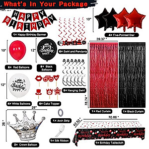 Red and Black Birthday Decorations for Men Women, Happy Birthday Party Decor for Boys Girls with Birthday Banner Tablecloth Curtains Crown Balloons Hanging Swirls Pendants for Bday Party Suppliers