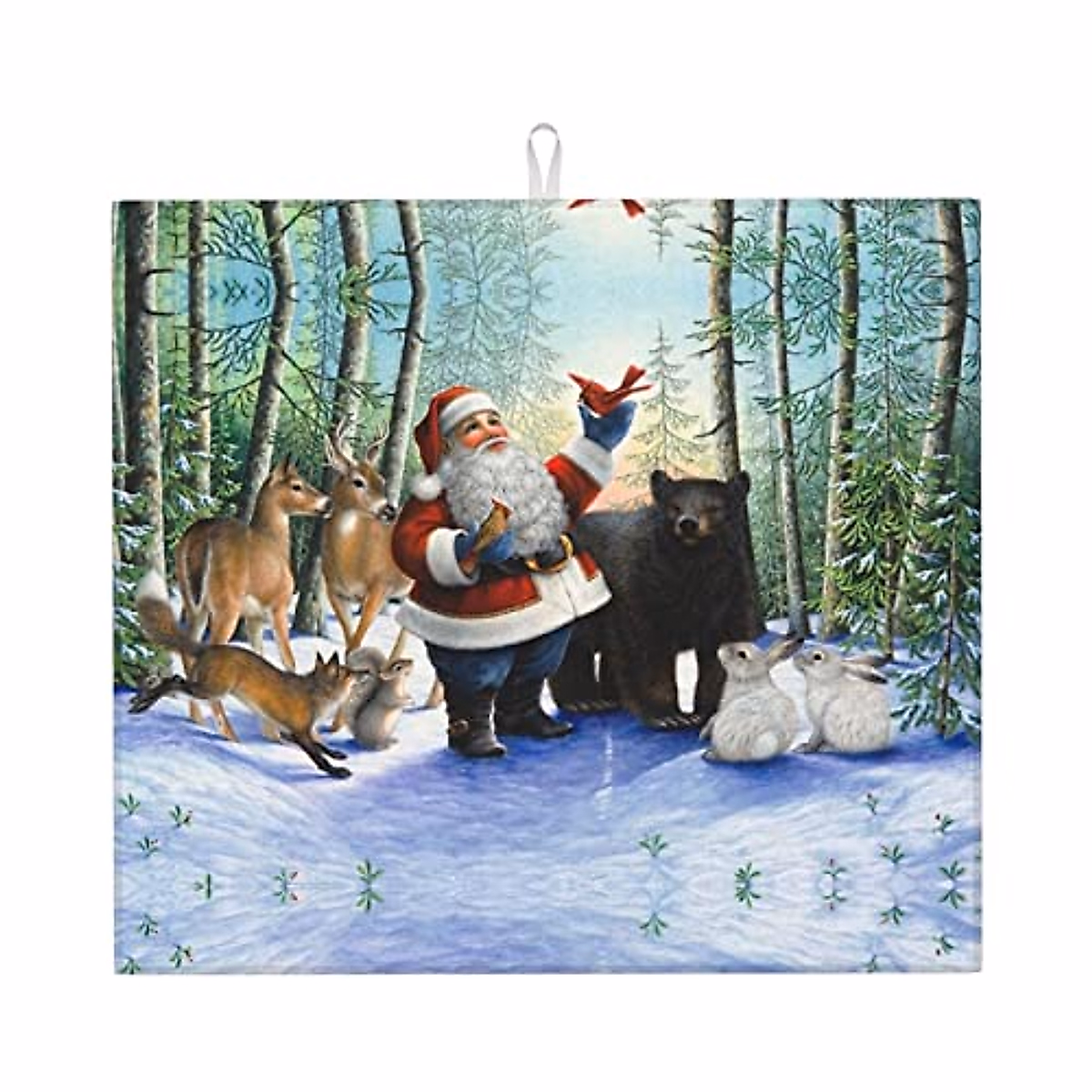 Santa Claus and Animals Printed Drying Mat For Kitchen Ultra Absorbent Microfiber Dishes Drainer Mats Non-Slip Silicone Quick Dry Pad - 18 X 16inch