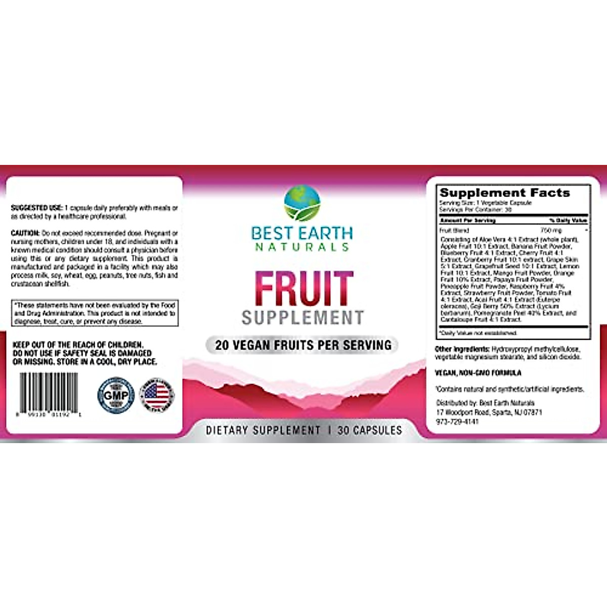 Best Earth Naturals Fruit Supplement - 20 Concentrated Super Food Fruits Per Serving; with Aloe Vera, Cherry, Cranberry, Papaya, Acai, Goji Berry, Pomegranate, and More! Vegan