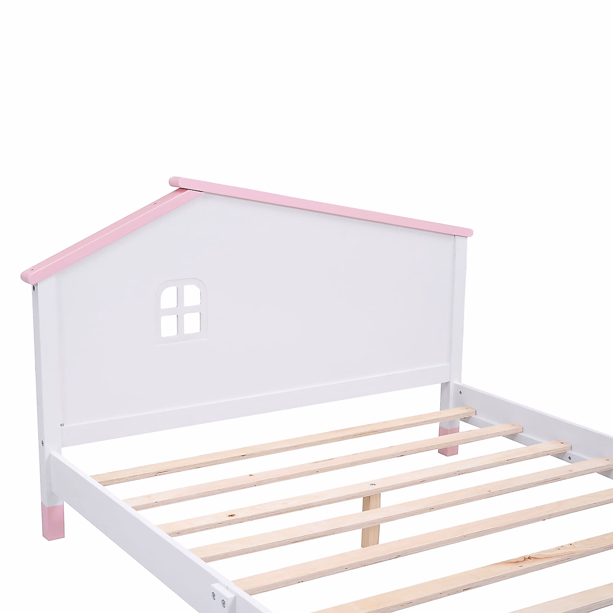 MERITLINE Full Bed Frame with House-Shaped Headboard, Wooden Full Size Platform Bed Frame with Shelf, Cute Full Bed for Kids Teens Girls Boys, No Box Spring Needed, White+Pink