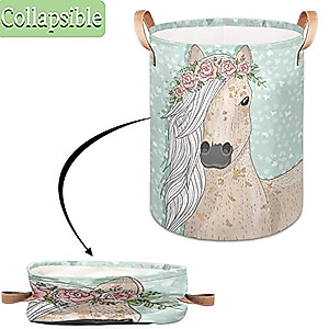 Flower Horse Collapsible Laundry Basket Hamper Portable Waterproof Canvas Clothes Basket Toy Storage Baskets Bin with Durable Leather Handle for Bedroom Clothes Bathroom College Dorm