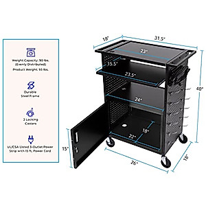 Line Leader Stellar AV Cart | Computer Cart with Pegboard Siding & 12 Hooks for Customizable Storage | Locking Cabinet & Pullout Keyboard Tray | UL Safety Certified Power Outlets | Locking Wheels 