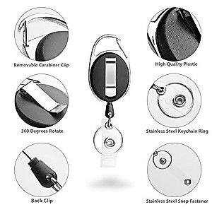 Retractable Badge Reel with Carabiner Belt Clip and Key Ring for ID Card Key Keychain Badge Holder Black 10 Pack by NATUREBELLE