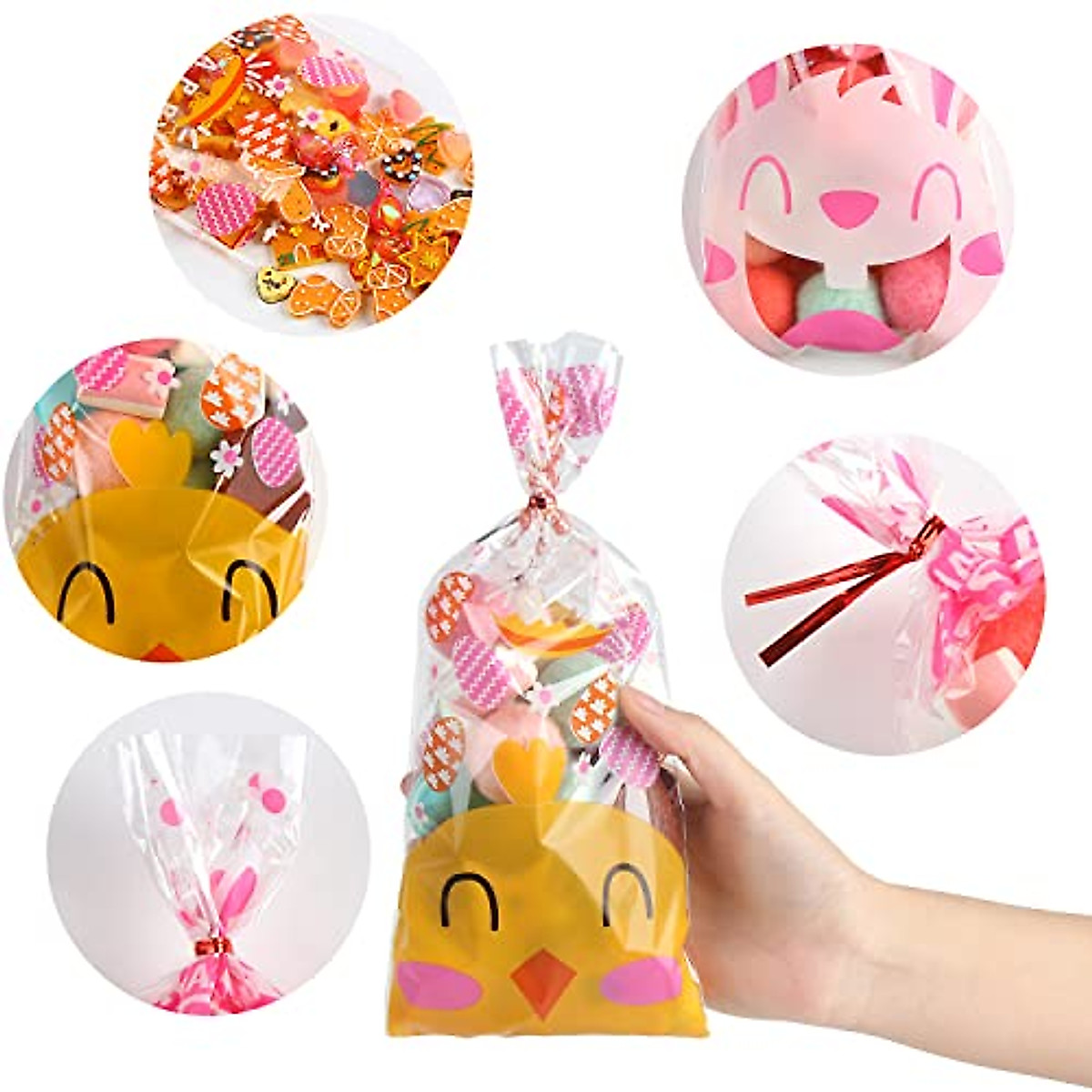 LOKIPA Easter Celllophane Treat Bags, 120 Pieces Clear Easter Candy Bags with 150 Twist Ties for Easter Supplies