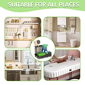 Sink Caddy, MCWMBB Kitchen Sink Organizer, Sponge Holder for Kitchen Sink with Removable Drain Pan,Kitchen Caddy Stainless Steel Sink Organizers for Soap/Bottles/Scrubber Brush/Dishcloth/Sponge(Black)