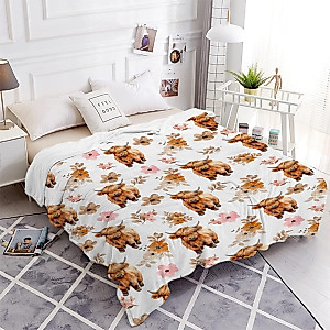 Highland Cow Flowers Blanket for Boys Girls, Cute Highland Cow Kids Throw Blanket Gift for Child, Fluffy Cozy Soft Lightweight Blankets for Bed Office, 40x50 Inches