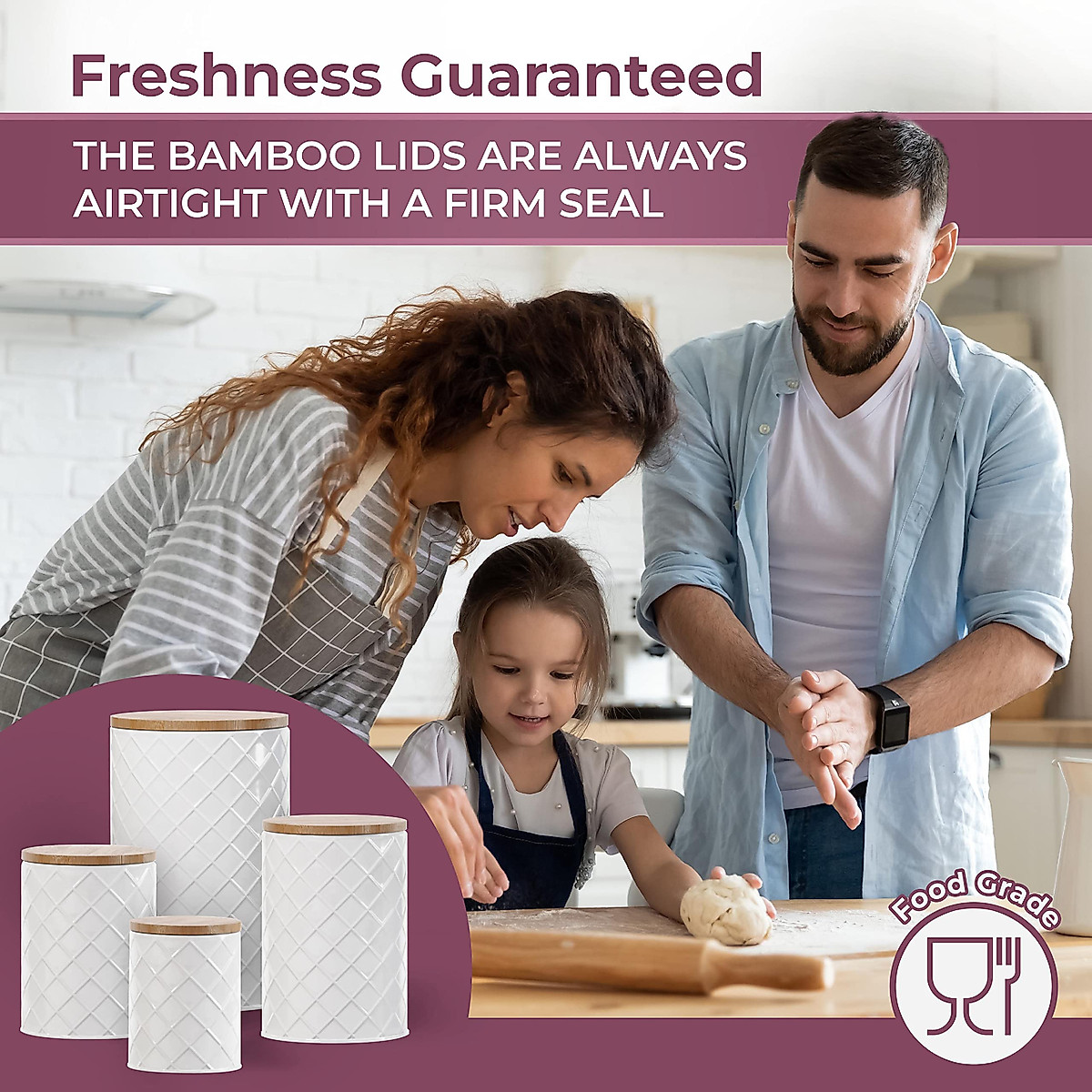 Pebble & Stem White Metal Canister Sets for Kitchen Counter, Kitchen Canisters Set of 4, Airtight Countertop Flour and Sugar Containers, Coffee and Tea Storage, Modern Farmhouse Kitchen Decor