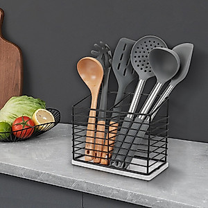 Jeasor Utensil Holder for Kitchen Counter, Metal Utensil Holder Rack for Kitchen Countertop, Cooking Tools Storage for Spatula, Utensil Organizer with Sturdy Base, and Drainage Hole (Black Marble)