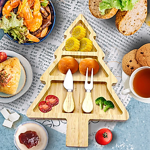 Bamboo Serving Platter, Multiple Spaces Reusable Bamboo Plates, Novel Shape Charcuterie Board Set with Knife & Fork, Fruit, Bread, Salad Plate for Christmas Thanksgiving (Christmas Tree)