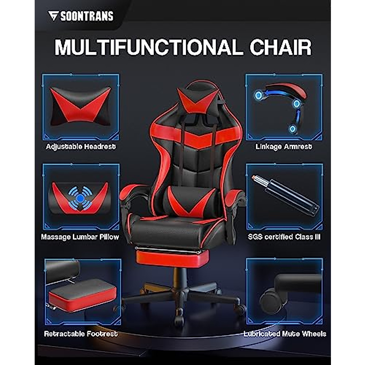 Soontrans Red Gaming Chairs with Footrest,Racing Gaming Chair,Computer Gamer Chair,Ergonomic Game Chair with Adjustable Headrest and Lumbar Support