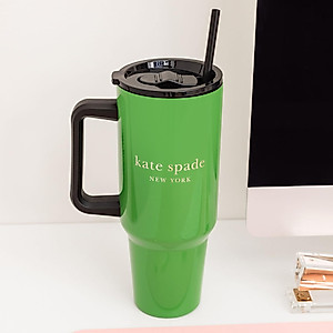 kate spade new york 40 Ounce Tumbler with Handle and Straw, Cupholder Friendly, Double Wall Stainless Steel Insulated Cup, Green