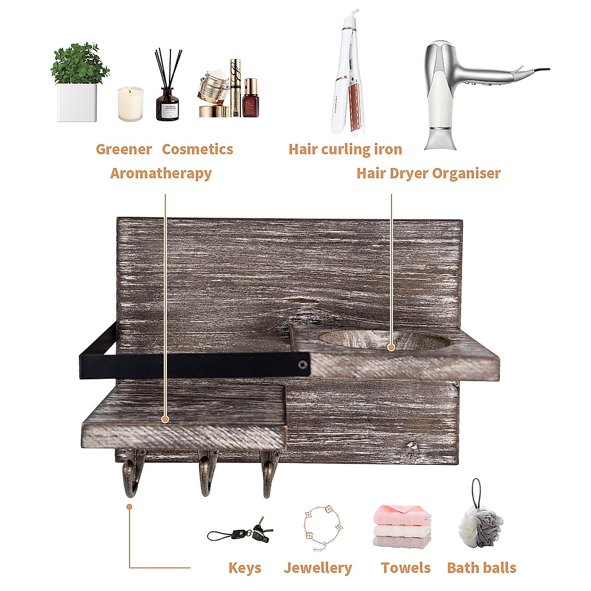 Farmhouse Bathroom Wall Mount Hair Dryer Holder with 3 Hooks for Towel or Headband, Small Wood Makeup, Toiletries Organizer Shelves, Rustic Wooden Beauty Hair Appliance Holder for Bathroom Supplies