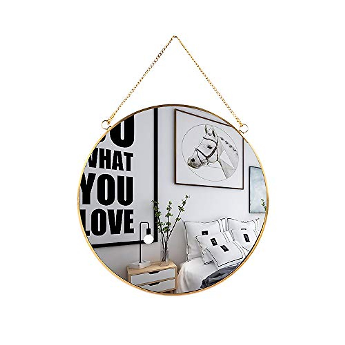 LONGWIN Hanging Wall Circle Mirror Decor Gold Geometric Mirror with Chain for Bathroom Bedroom Living Room 15.7"