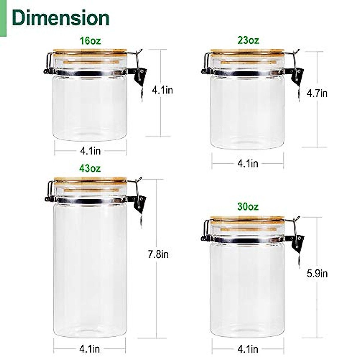 Glass Storage Jars with Airtight Locking Clamp Lids, Airtight Glass Canisters with Locking Lids, Glass Storage Containers with Bamboo Lid, Food Storage Containers, Glass Canister Sets, Set of 4