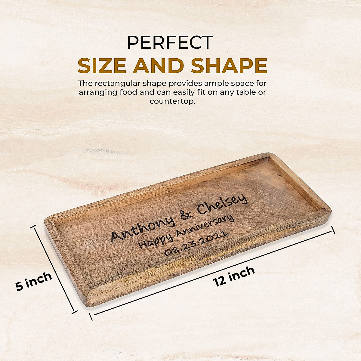 Personalized Wooden Serving Platters - Custom Wood Serving Tray with Raised Edges - Decorative Rectangular Wooden Trays for Food, Fruits, Snacks, Appetizers, and Home Parties - 12" X 5" X 0.75"