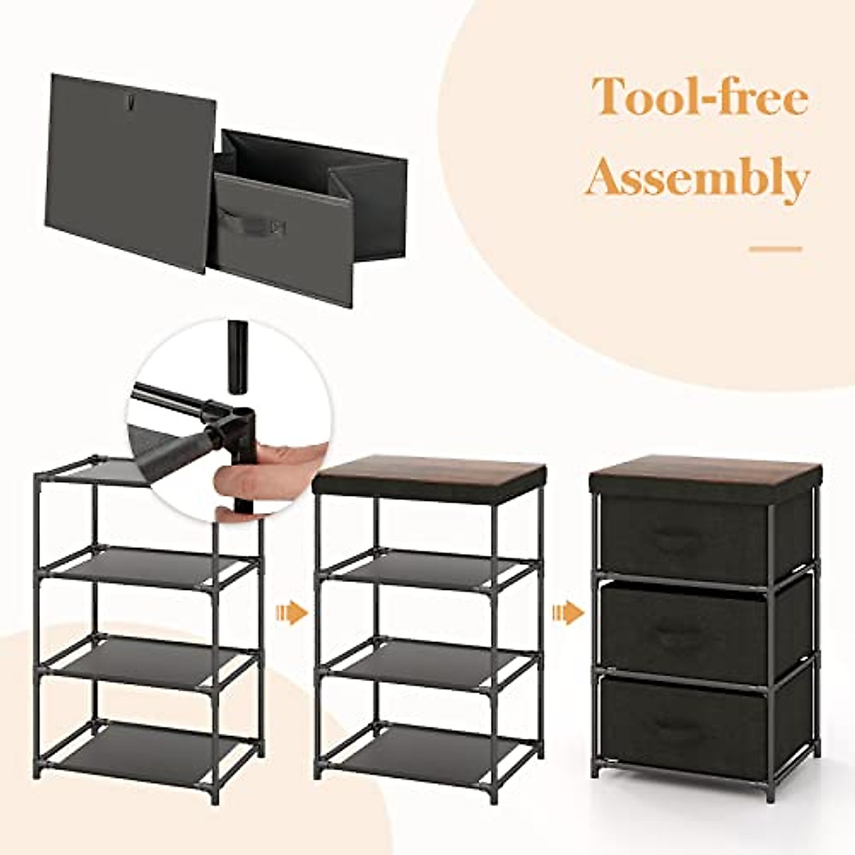 Giantex Nightstand with 3 Fabric Drawers, 24.5" Tall Bedside Table with Removable Lid for Bedroom, Study, Storage Dresser Organizer, Easy Assembly, Black and Rustic Brown