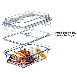 NUTRIUPS 0.6L/20 Oz Glass Meal Prep Containers, Glass Bento Box for adults, Lunch Containers with Lid, Glass Food Container with 2 Split Compartments-Microwavable