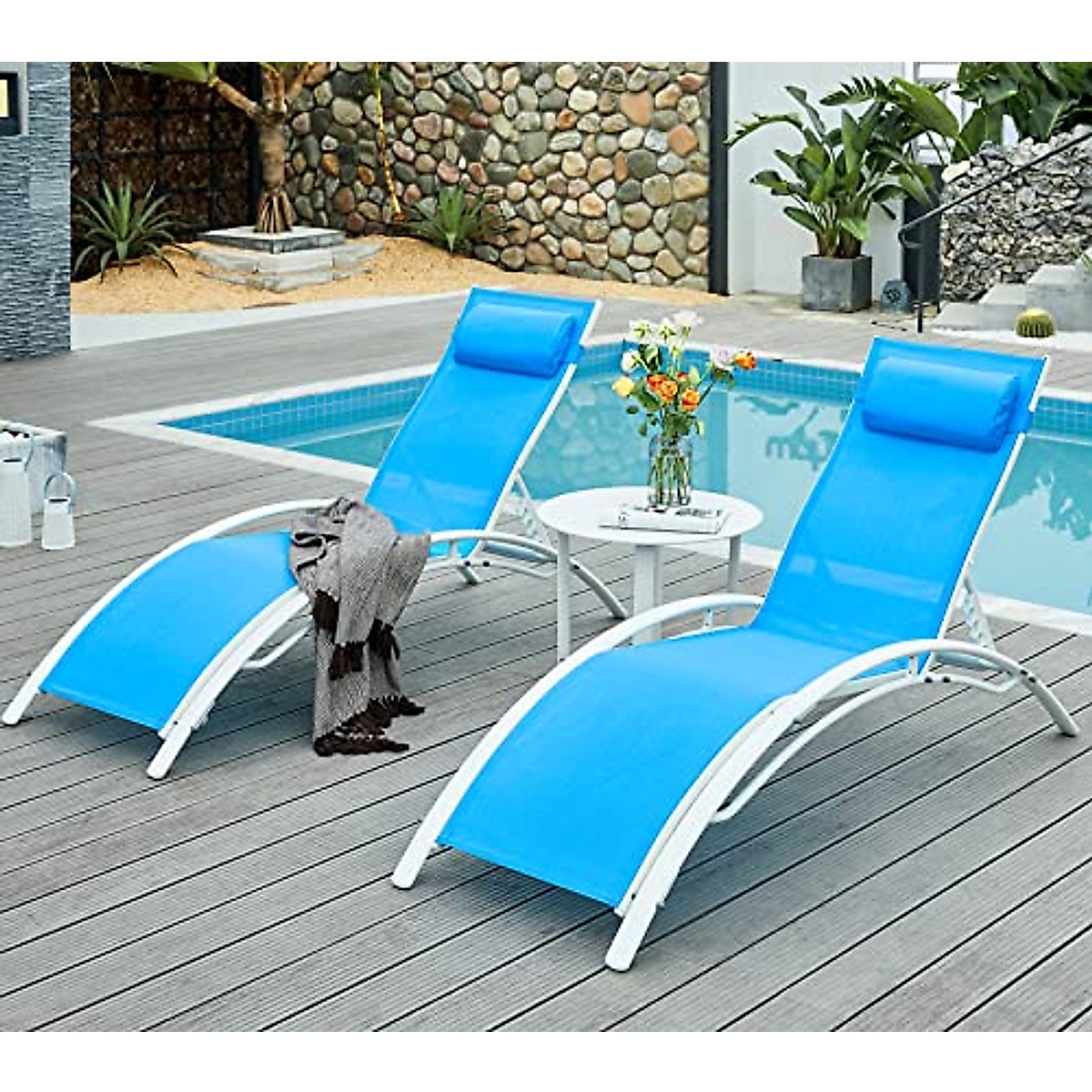HOMEZILLIONS Patio Chaise Lounge Set of 3 Outdoor Lounge Chairs Adjustable Chaise Lounge 5-Level Pool Chairs with Headrest for Beach, Side Table Included, Blue