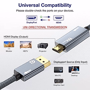 8K@60Hz DisplayPort to HDMI Cable 6.6ft, DP 1.4a to HDMI 2.1 Video Cord, Support 8K, 4K@120Hz/144Hz, 2K@240Hz, VRR, HDR, Dolby Vision, HDCP 2.3, DSC 1.2a for PC, HP, ASUS, DELL, GPU, AMD, NVIDIA