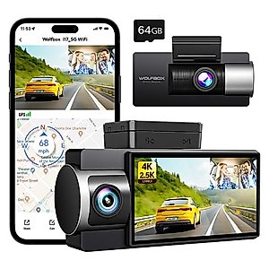 WOLFBOX i17 Dash Cam Front Inside, 4K+2.5K 5G WiFi Dual Dash Camera with 64GB Card, 2160P UHD 3" LCD Car Camera for Cars with Super IR Night Vision, Smart Parking Monitor, GPS, Loop Recording