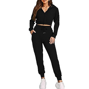 MASCOMODA 2 Piece Outfits for Women 2023 Fall Hoodie Sweatshirt Tracksuit and Sweatpants Workout Sets with Pockets (Black, Large)