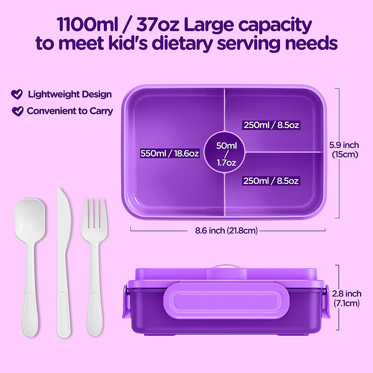 Jelife Lunch Box Kids Bento Box - Large Bento-Style Leakproof 4 Compartments Kids Lunchbox Food Containers with Utensils for Back to School, Reusable On-the-Go Meal and Snack Packing, Purple