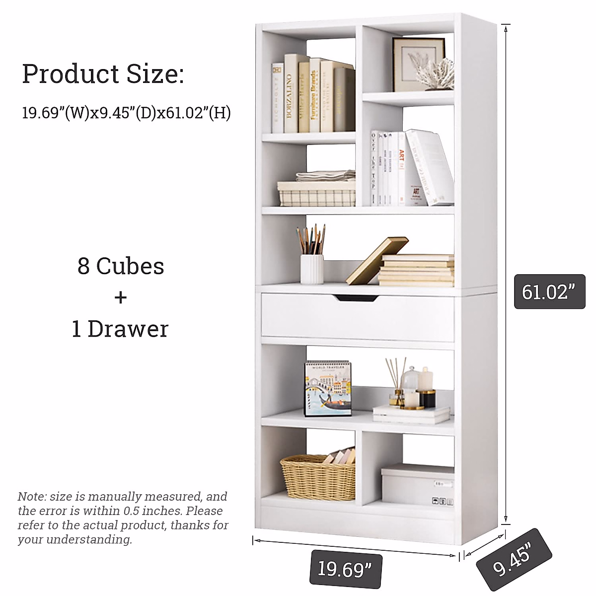 IOTXY Wooden Open Shelf Bookcase - 61" Height Free Standing Display Storage Cabinet Organizer with 8 Cubes and a Drawer, Floorstanding Bookshelf, Warm White