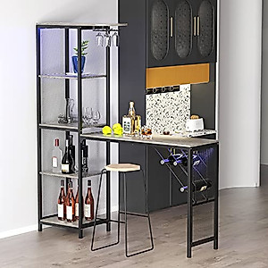 QNICE LED Lights Bar Table with Shelves/Modern Kitchen Counter Height Dining Table/Lounge or Dining Room Storage Pub Table/Dark Rustic Oak/Easy Assembly