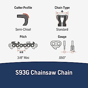 Husqvarna X-Cut S93G 12 Inch Chainsaw Chain, 3/8" Mini Pitch, .050" Gauge, 45 Drive Link Chainsaw Blade Replacement, Pre-Stretched and Low Kickback, Gray
