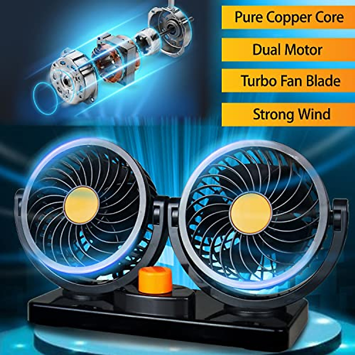 KINOWJI Car Cooling Air Fan,12V/24V Electric Dual Head Cooling Air Circulator 360 Degree Rotatable Auto Fan for Sedan SUV/RV/Boat/Truck /Auto Vehicles (24V)