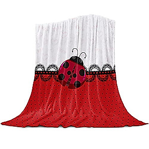 Throw Blanket Warm Soft Blanket Throws for Sofa Couch Bed, Valentine Ladybug Lace Edge Wave-Dot Texture Flannel Fleece Bed Blanket Lightweight Cozy Plush Blanket for All Seasons 50x60 Inches