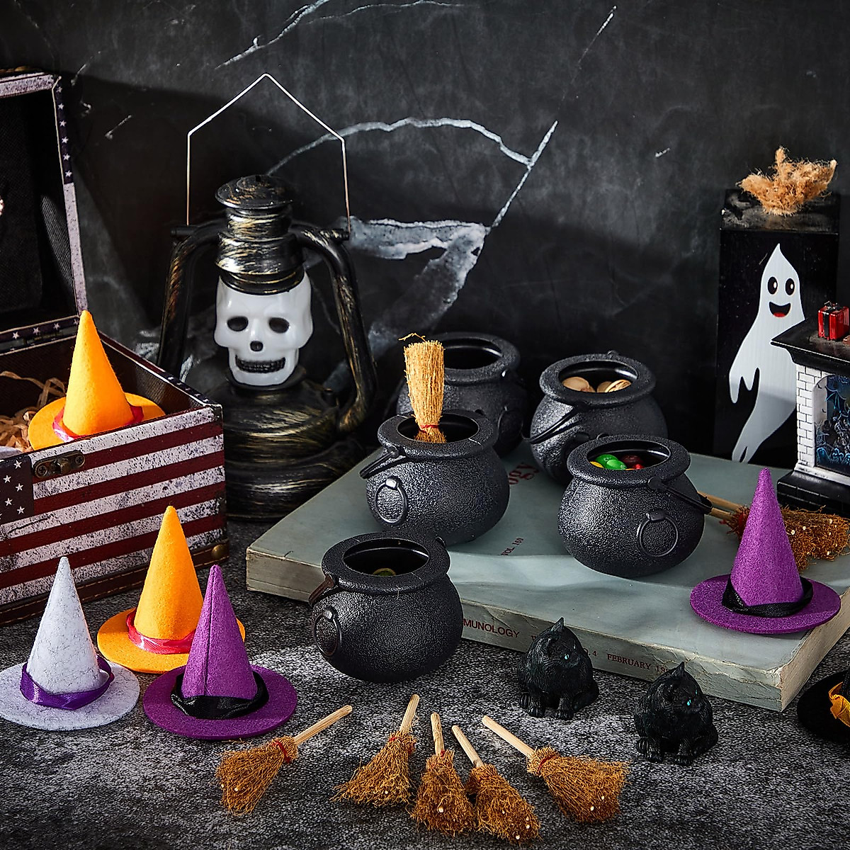 Deekin 32 Pcs Halloween Mini Witch Hats, Mini Witches Broom, Candy Cauldron Kettles and Black Kitten Figurines for Craft
