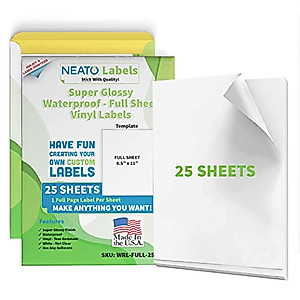 Printable Vinyl Sticker Paper - Waterproof Sticker Paper for Inkjet and Laser Printer - 25 White Full Sheet Super Glossy Craft Labels - Strong Adhesive - Tear Resistant - Made in The USA