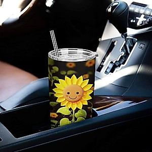 FHENMSA Stainless Steel Insulated Travel Coffee Mug,Cute Sunflower Print Reusable Car Cup,Thermal Cup for Outdoor with Straw And Lid