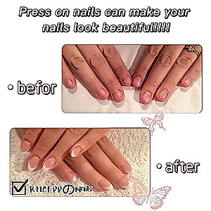 24 Pcs Press on Nails Medium Almond Fake Nails French Tip Black White Stars Designs False Nails with Black White Glossy Acrylic Full Cover Nude Acrylic Nails Reusable Artificial Nails for Women Girls