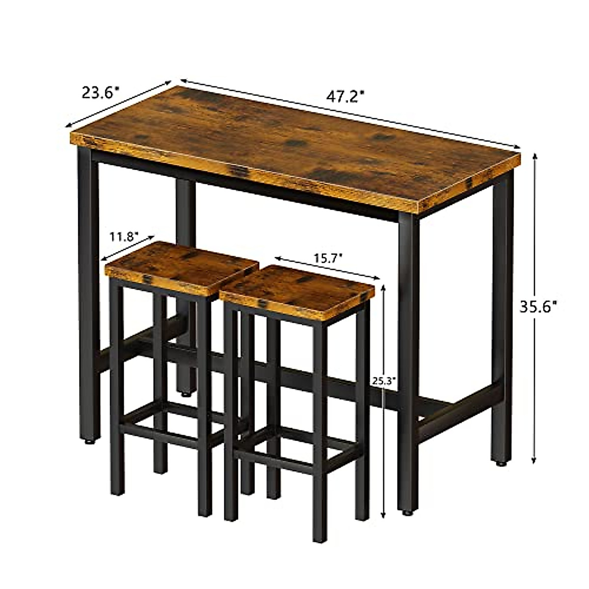 Lamerge 47.2" Bar Table Set,Pub Heigh Table with 2 Square Stools,Dining Table Set,Kitchen Counter with Bar Chairs,for Kitchen, Living Room/Sofaside,Small Space,Rustic Brown and Black