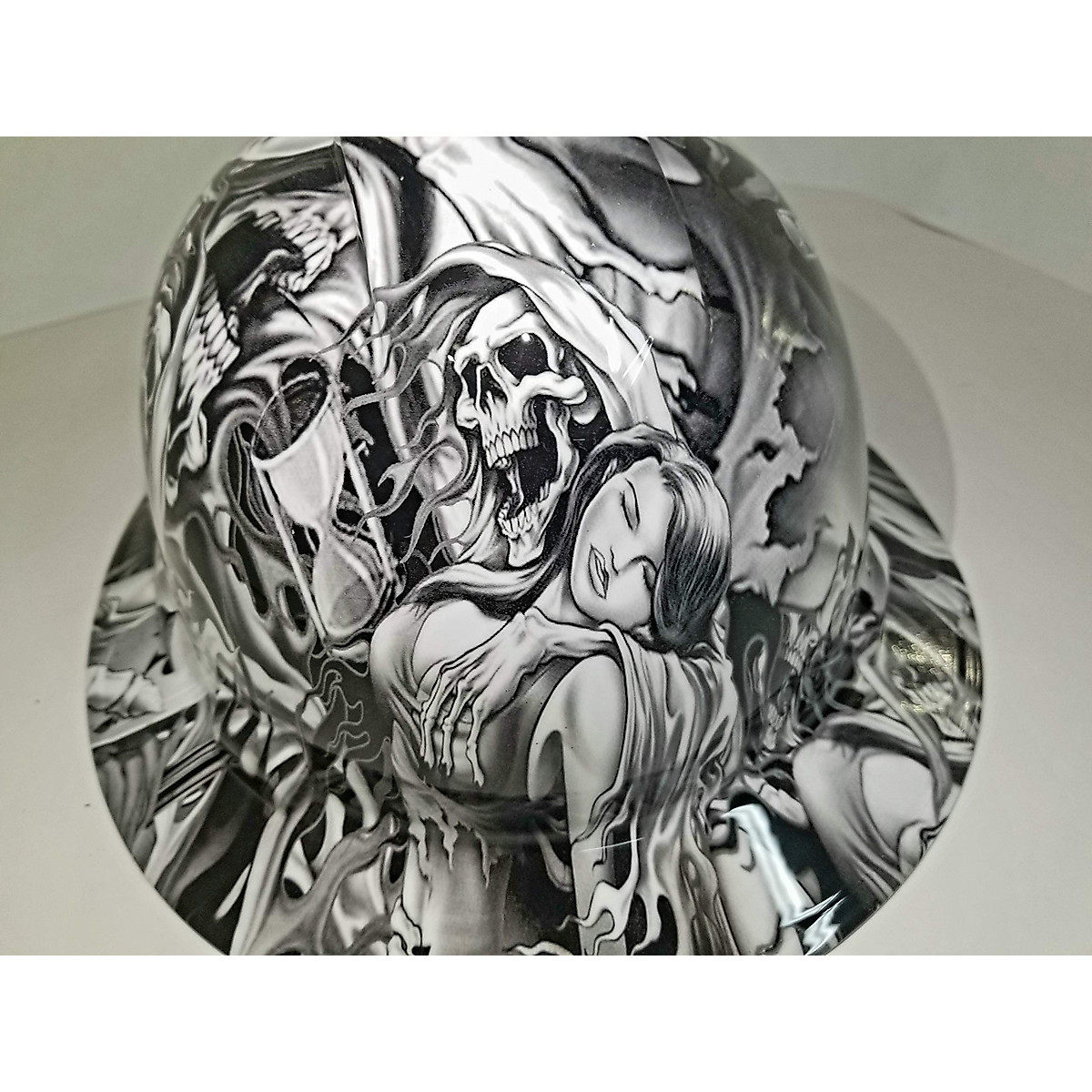 Wet Works Imaging Customized Pyramex Full Brim Hydro Dipped in White Soul Reaper Hard HAT with Ratcheting Suspension Custom LIDS Crazy Sick Construction PPE