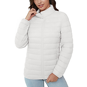 MAGCOMSEN Women's Puffer Jacket Ultra-lightweight Quilted 4 Pockets Full Zip Stand Collar Jackets Winter Warm Coat, White S