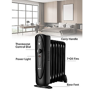 Mini Oil Filled Space Heater, JASUN Electric Radiator Heater with Adjustable Temperature, 700W Powerful Heating for Bedroom, Office, Living Room, Black
