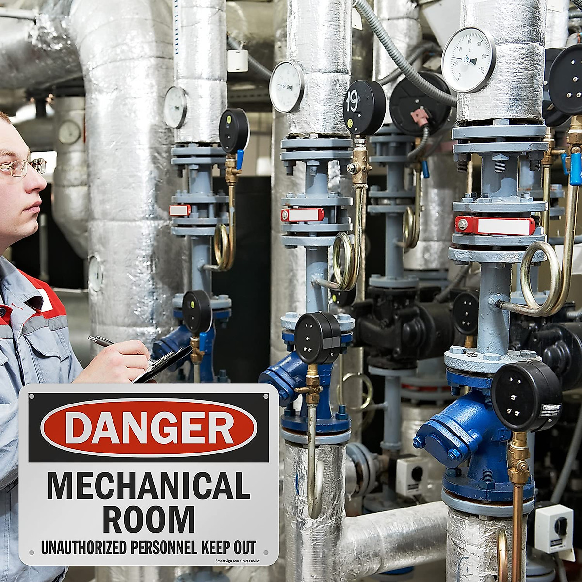 SmartSign 7 x 10 inch “Danger - Mechanical Room, Unauthorized Personnel Keep Out” OSHA Sign, Digital Printing, 55 mil HDPE Plastic, Red, Black and White