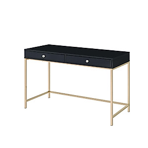 Daesar Computer Writing Desk with Two Drawer, Black High Gloss & Gold Finish