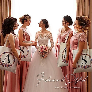 AUNOOL Monogrammed Tote Bag with Makeup Bag, 13oz Canvas Tote Bag for Women Floral Initial Tote Bag Bridal Shower Gifts for Bride To Be Personalized Gifts for Teachers Friends Sister, Letter E