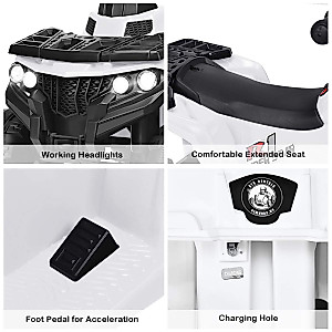 Costzon Ride on ATV, 6V Battery Powered Kids Electric Vehicle, 4 Wheeler Quad w/Headlights, MP3, USB, Volume Control, Large Seat, Electric Ride on Toys for Boys & Girls (White)
