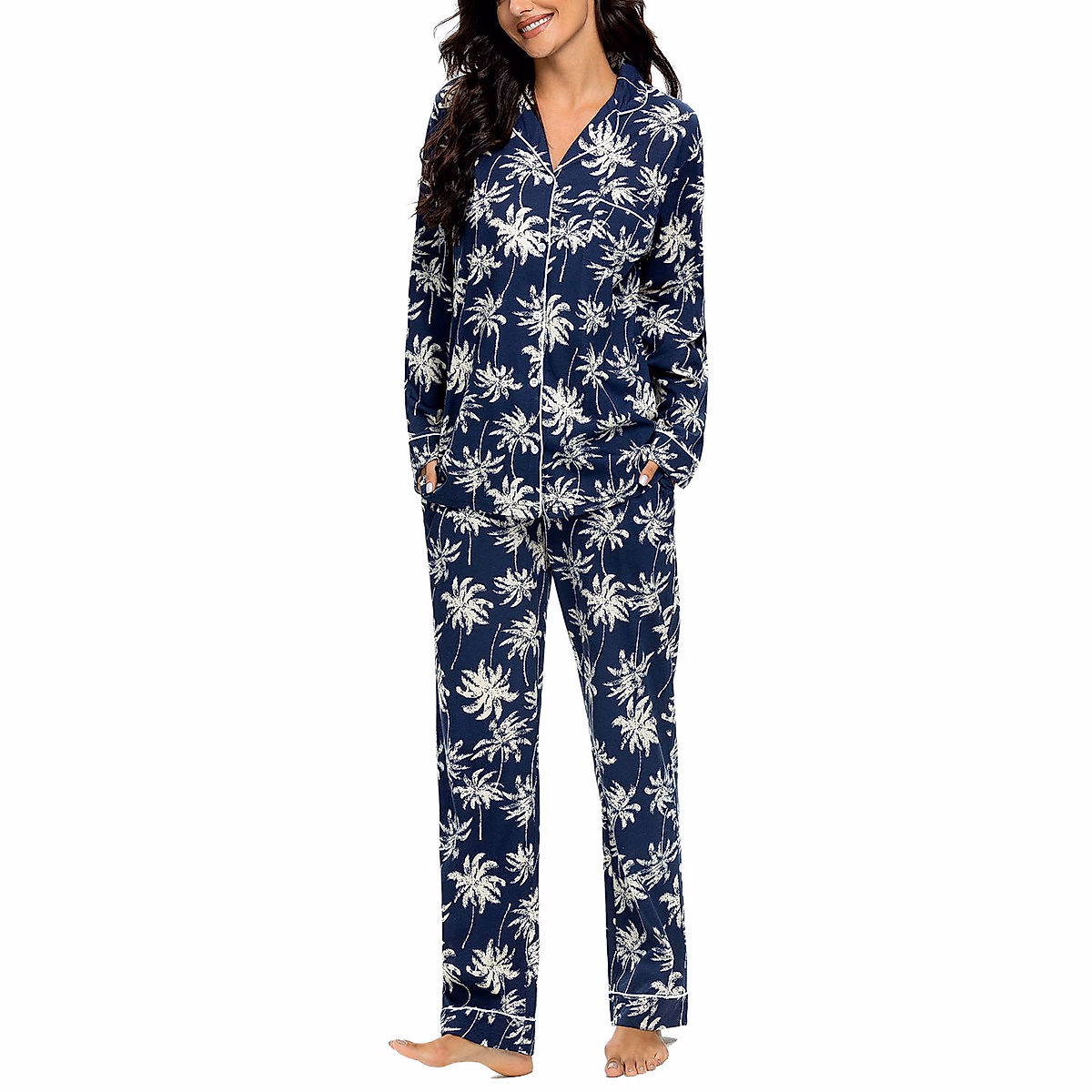 Tugege Pajamas Set Long Sleeve Sleepwear Women Button Down Nightwear Pj Lounge Sets (Deep Blue Coconut, Large)
