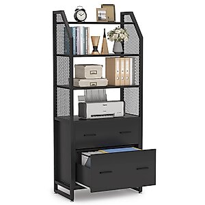 Tribesigns 2 Drawer File Cabinet with Bookshelf, Modern Vertical Filing Cabinet for Letter/Legal/A4 Size File, Large Printer Stand with Open Storage Shelves for Home Office, Black
