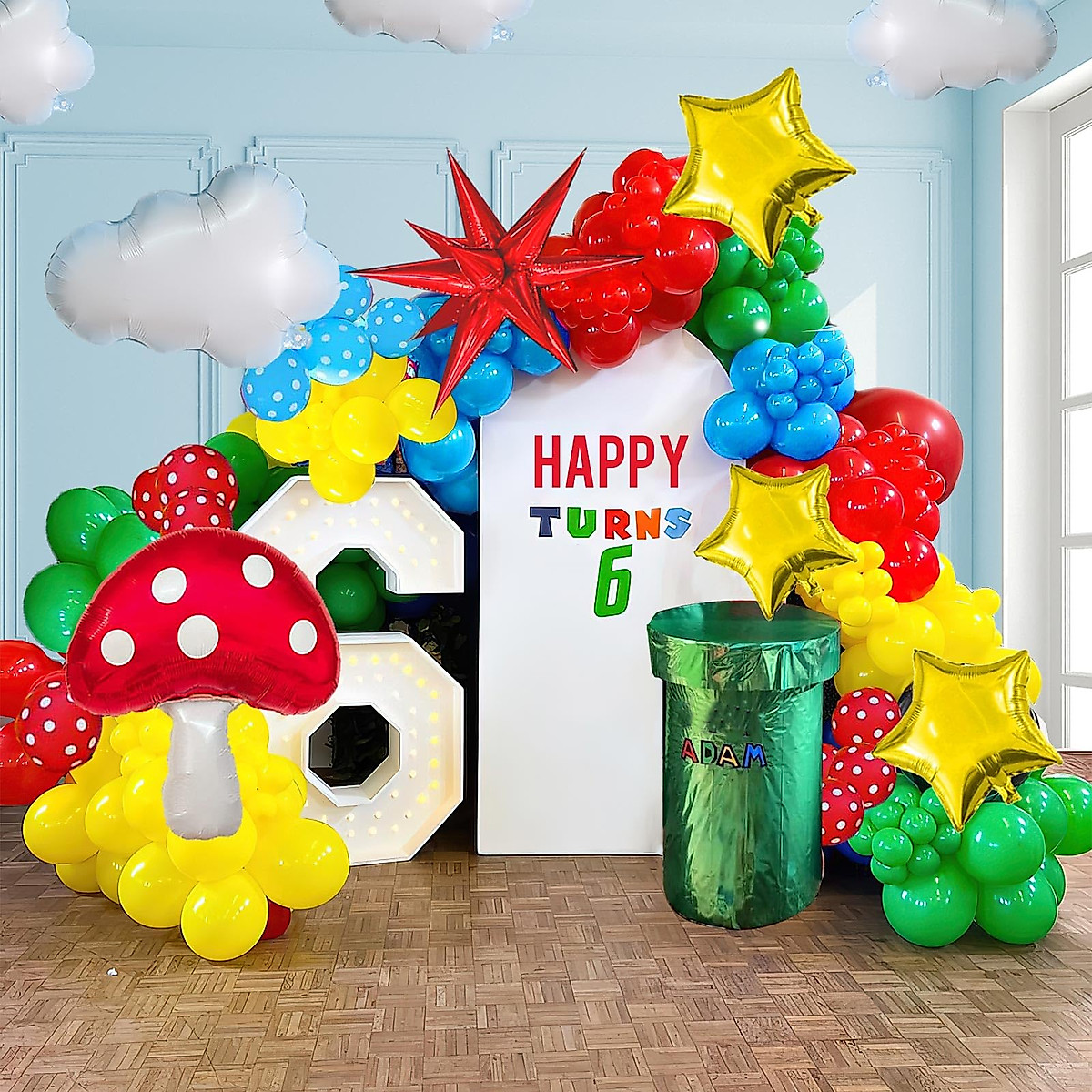 Red Blue green Yellow balloon garland Kit 130Pcs with Cloud mushroom Star balloons for Cartoon & Video Game theme Super bros Birthday inspired Party Decorations